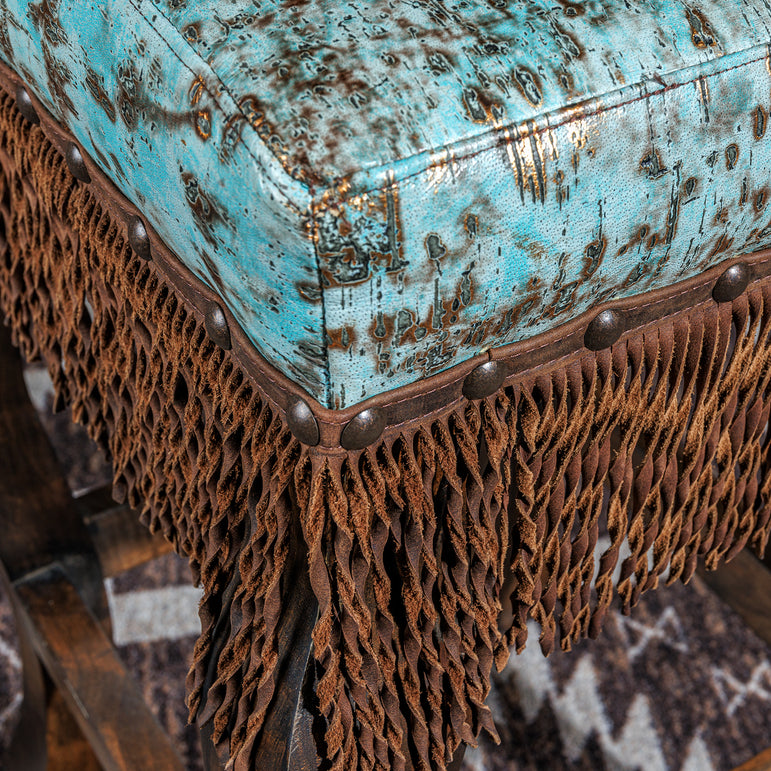 Western Turquoise Leather Bar Stool With Fringe | Upscale Rustic Stools ...
