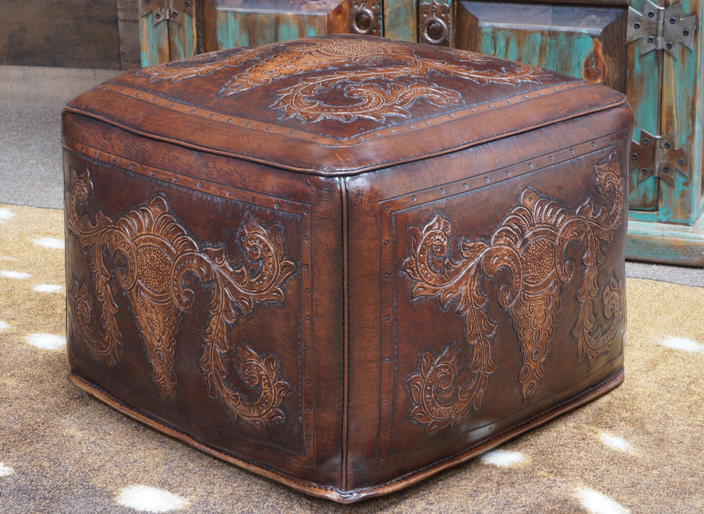 Western Antique Tooled Leather Ottoman – Hat Creek Interiors
