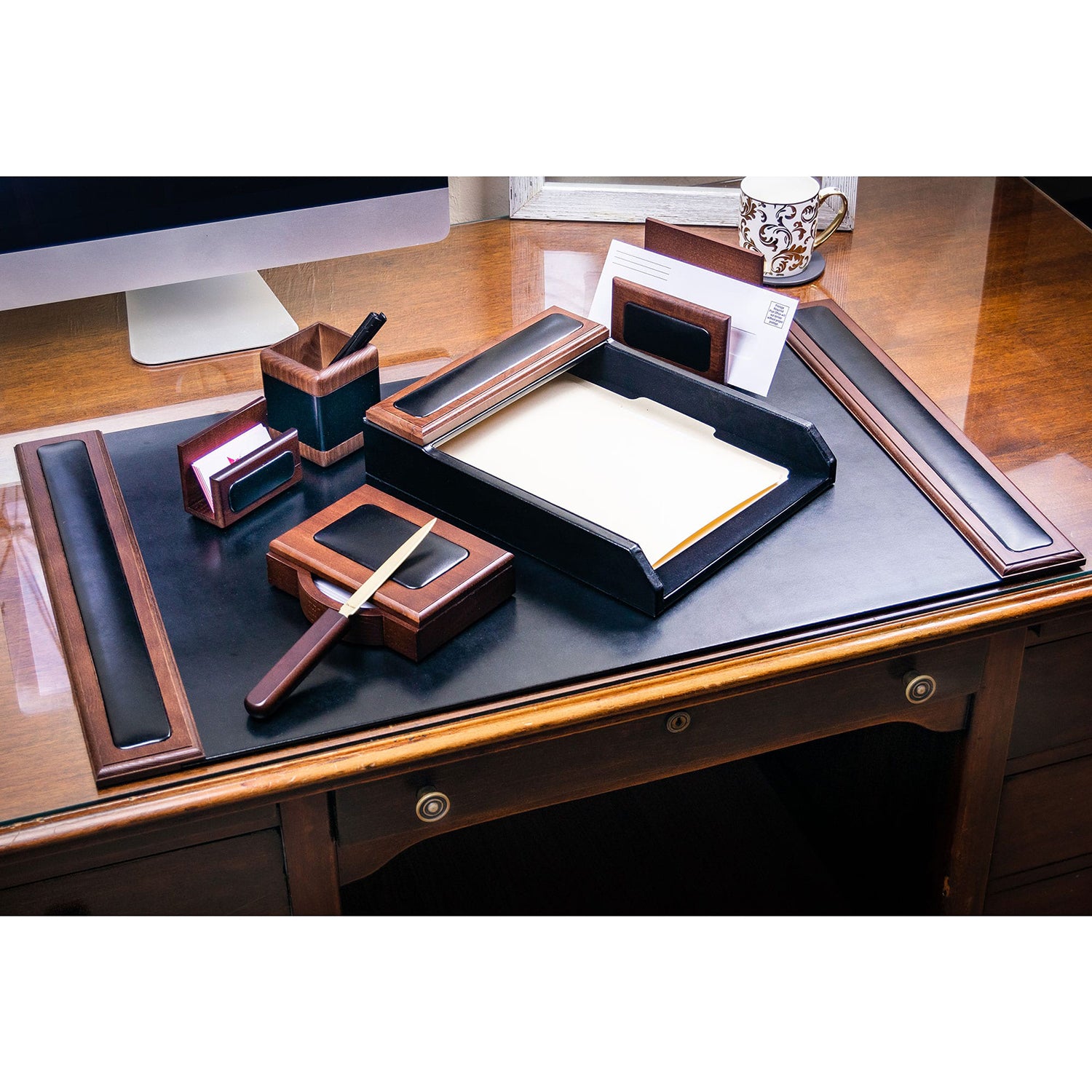 Walnut & Black Leather Desk Accessory Set | Western Office Accessories ...