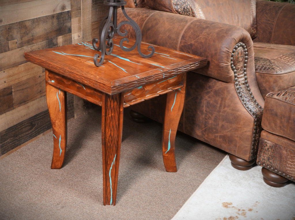 Brazos Mesquite Side Table with Turquoise Inlays – Hat Creek Interiors