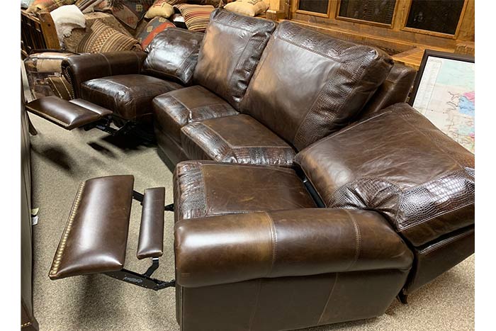 Curved Reclining Leather Sofa with Croc Accenting – Hat Creek Interiors