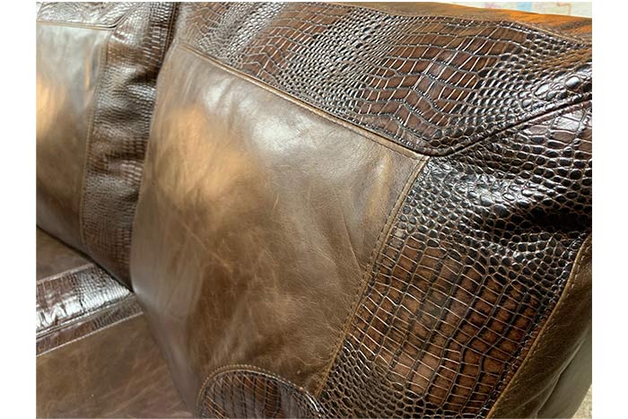 Curved Reclining Leather Sofa with Croc Accenting – Hat Creek Interiors